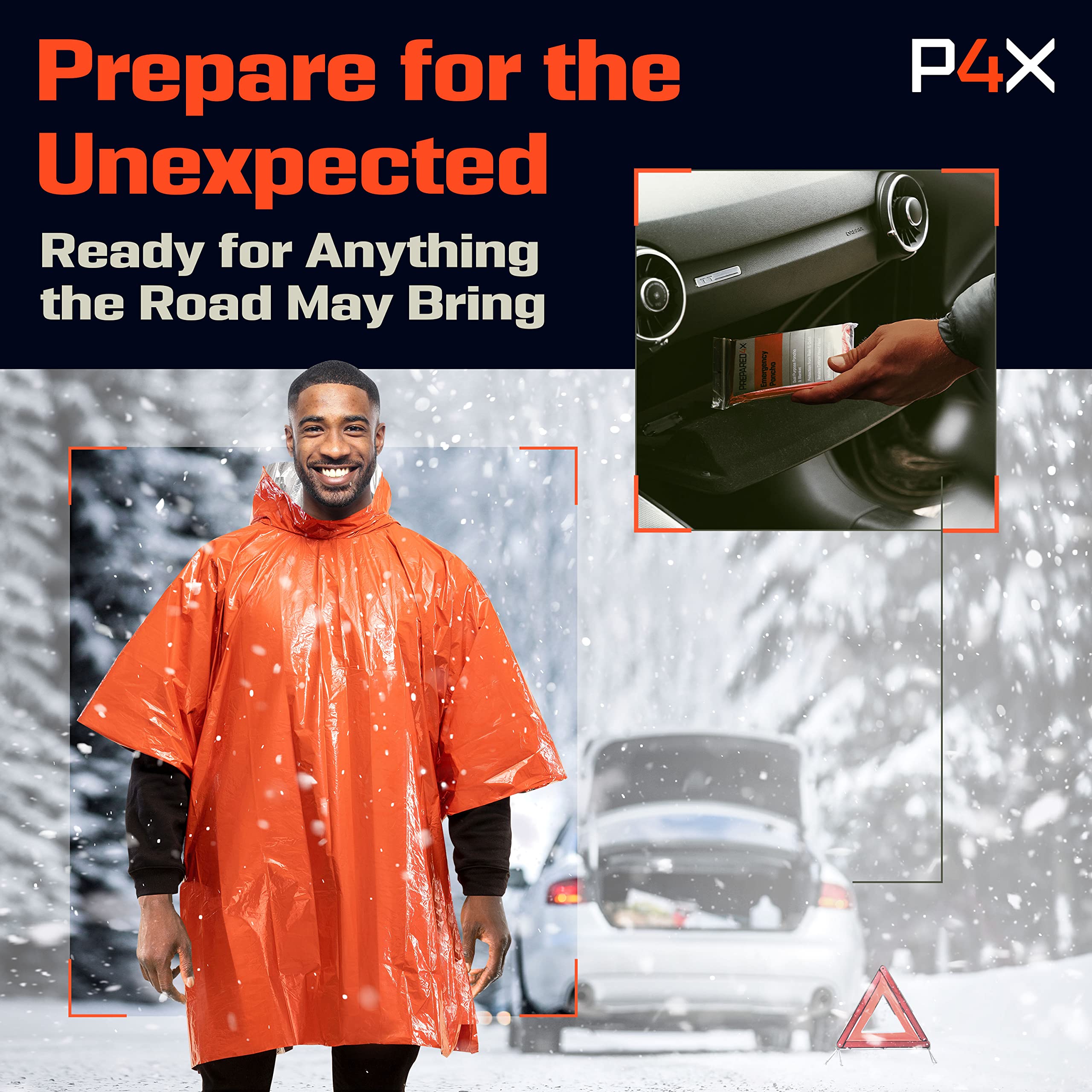 PREPARED4X Emergency Rain Poncho with Mylar Survival Blanket Liner for Car - Heavy Duty, Waterproof Camping Gear, Tactical Prepper Suppliesā 4 Pack (Orange)