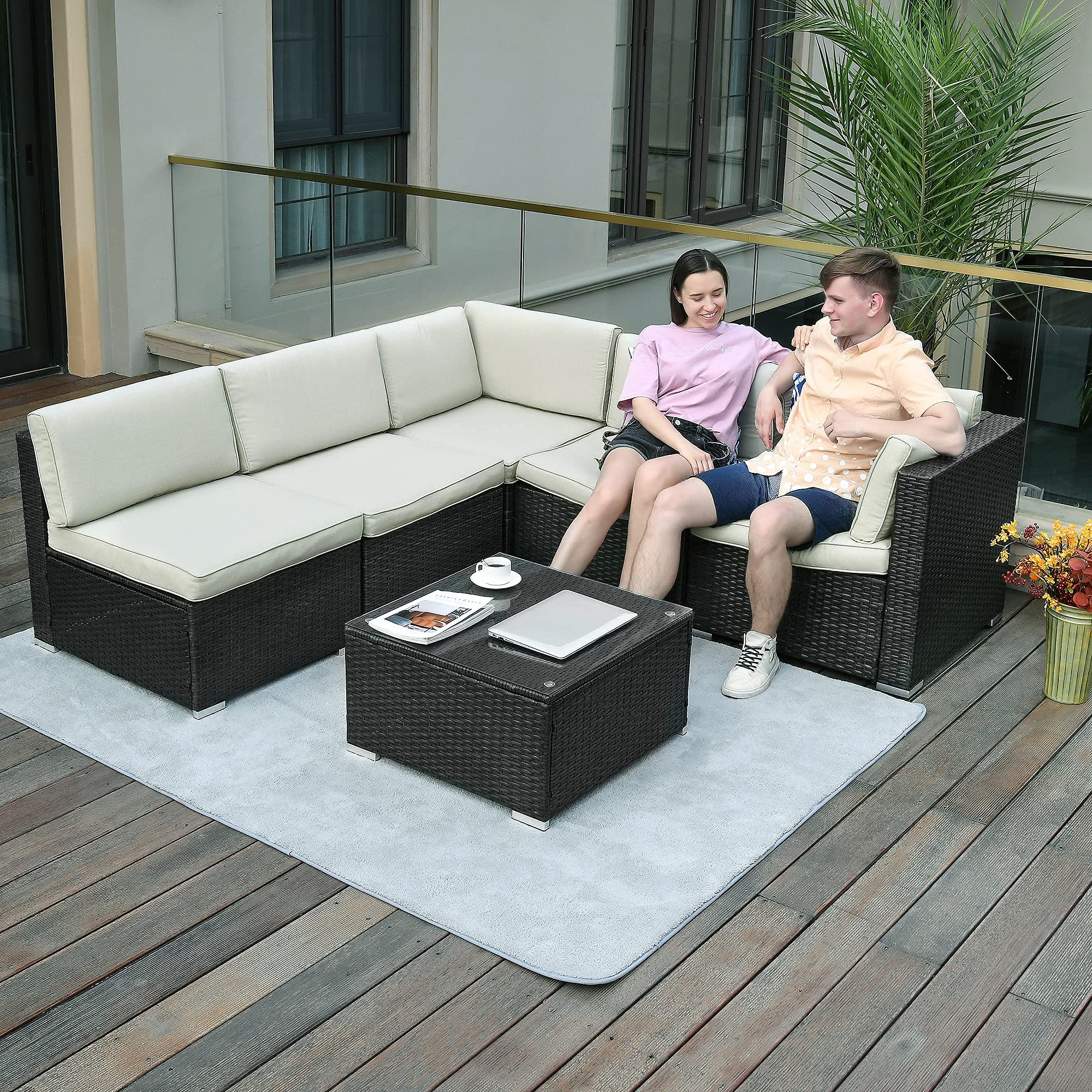 YITAHOME 6 Pieces Patio Furniture Set, Outdoor Sectional Sofa PE Wicker Conversation Set Outside Couch with Table for Porch Lawn Garden Backyard, Black