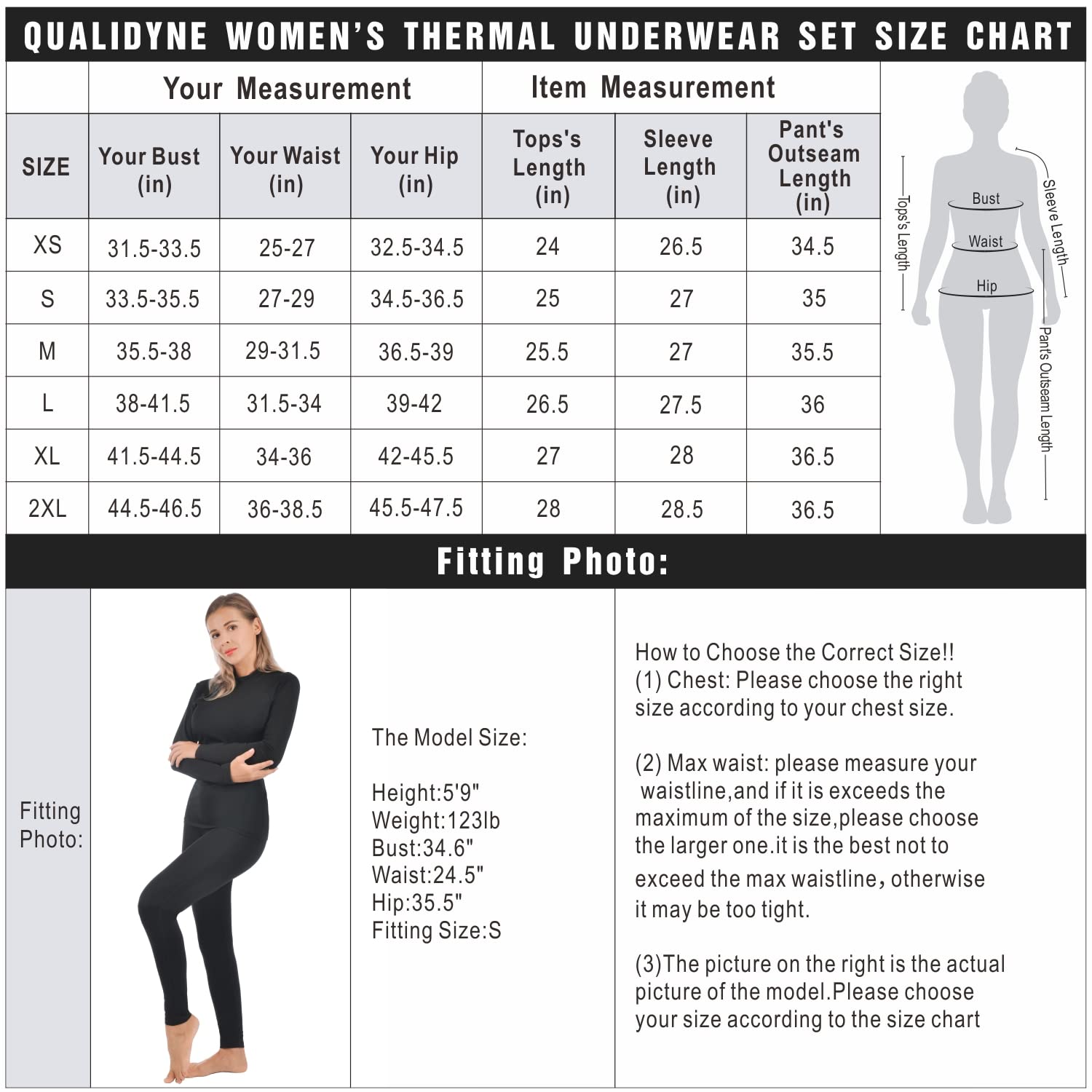 qualidyne Women’s Thermal Underwear Ultra-Soft Base Layer Long Johns Set Winter Sports Top and Bottom Suits Black