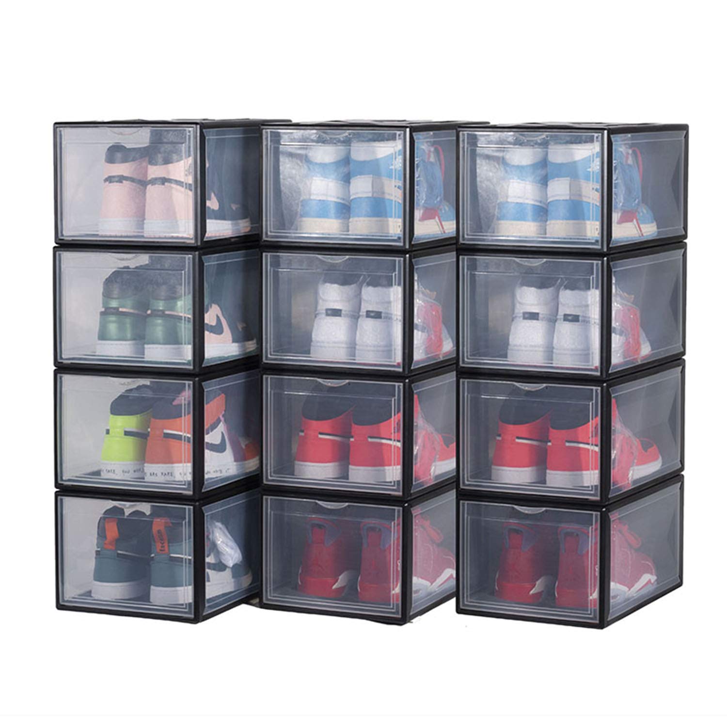 S-JIANG Shoe Boxes Clear Plastic Stackable, Drop Front Shoe Display Box Large Storage Containers Shoe Box Organizer for Sneaker Men Women (Black, 4 PACK)