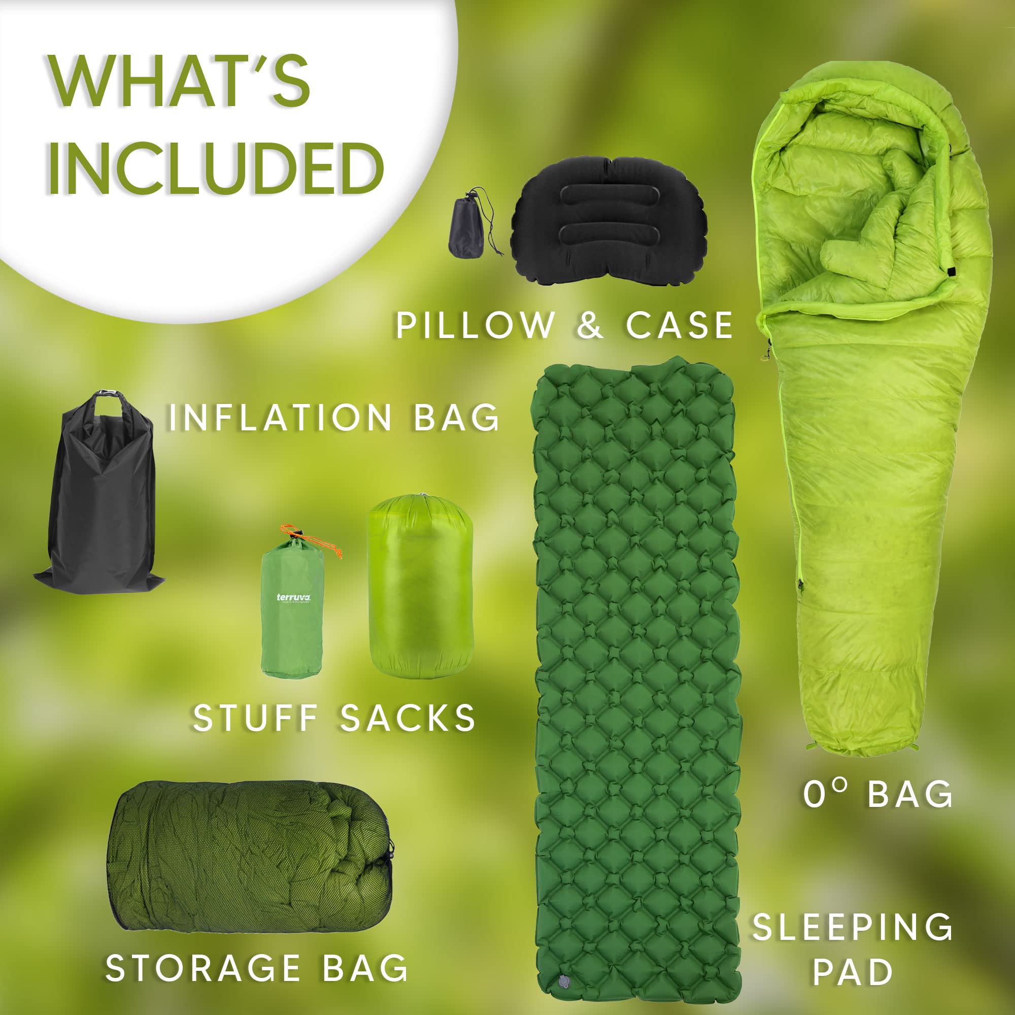 Terruva RDS Sleeping Bag Pillow Kit - 0 Degree Sleeping Bag with Pillow Set - Outdoor Indoor Sleeping Bag with Pillow - Mummy Adult Sleeping Bags - Camping Sleeping Pad Stuff Sacks & Dry Bag Green