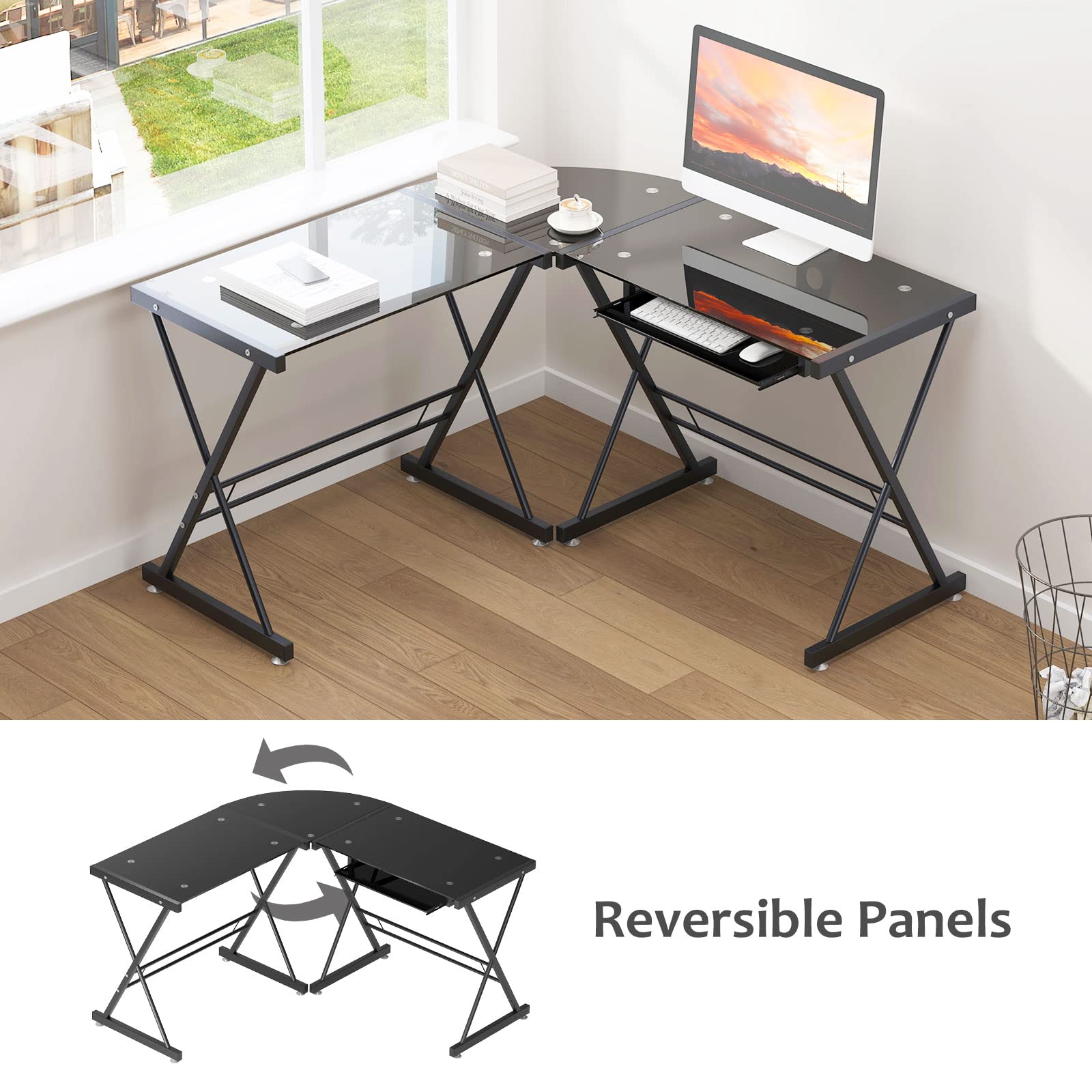 Need 51inches Tempered Glass L-Shaped Desk, Computer Desk with Smooth Keyboard Tray Home Office Corner Desk Black,UT-845-ND