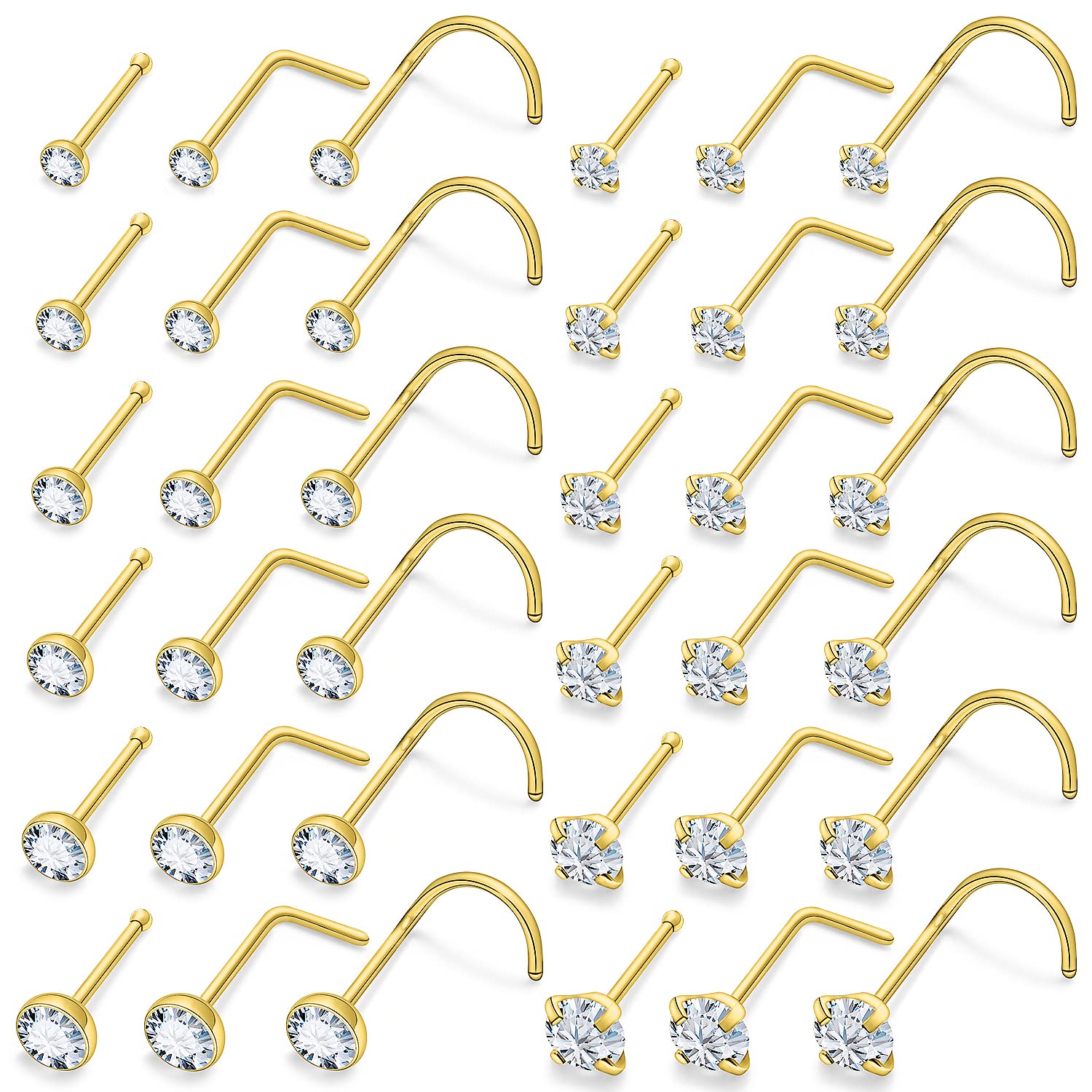 Vsnnsns 18G Nose Rings for Women 316L Surgical Stainless Steel L Shaped Nose Studs Screw Bone Nose Rings Piercings 18 Gauge Nostril Piercing Diamond CZ 1.5mm 2mm 2.5mm 3mm 3.5mm 4mm Gold
