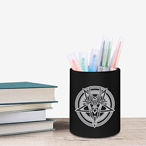 Occult Sign Skull Goat Pen Holder PU Leather Pencil Cup Cute Desk Organizer Makeup Brush Box for Home Office