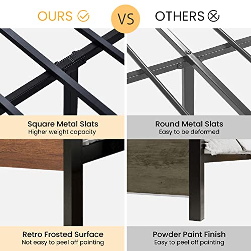 SHA CERLIN 14 Inch Queen Size Metal Platform Bed Frame with Wooden Headboard and Footboard, Mattress Foundation, No Box Spring Needed, Large Under Bed Storage, Light Walnut