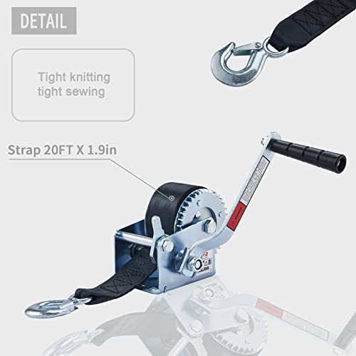 OPENROAD 600lbs Hand Winch Boat Winch, Hand Crank Winch with 6m (20ft) Strap Manual Winches, Two-Way Adjustable Boat Trailer Winch, Corrosion Resistant Towing Winches (600lbs)