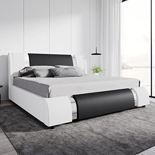 SHA CERLIN Faux Leather King Bed Frame with Adjustable Headboard and Iron Accents, Upholstered Platform Bed with Solid Wooden Slats Support, Noise-Free - Black with White Sides