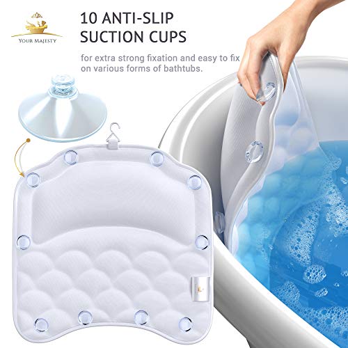 Premium Bathtub Pillow with Storage Bag [10 Extra Large Suction Cups] Bath Pillow for Neck and Head Support, Washable Bag Included