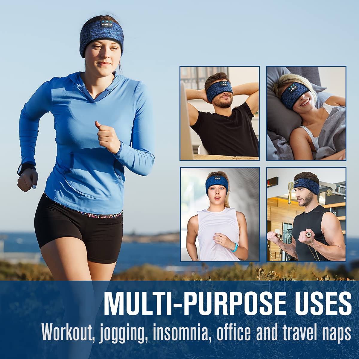 MUSICOZY Bluetooth 5.2 Headband Headphones for Sports and Sleep, Wireless Sleeping Eye Mask Earbuds Earphones for Side Sleepers Workout Running Cool Tech Gadget Unique Gift