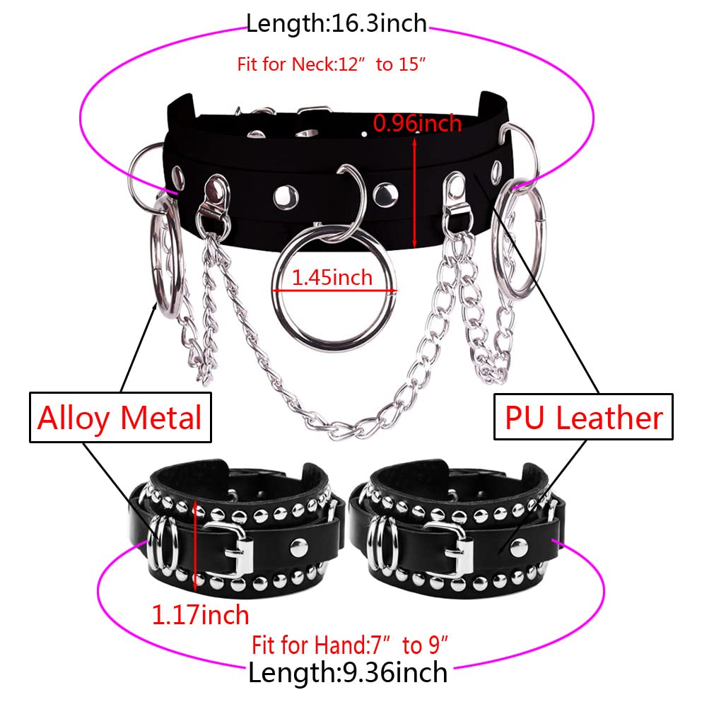Tosmifairy 3pcs Ring Choker and Bracelets Set Goth Jewelry for Women Ladies Black Leather Collar Cuff Cosplay Accessories Costume
