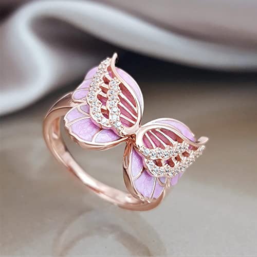 Women's Butterfly Ring Engagement Rings Statement Rings for All Women Cute Promise Rings for Her (Pink, 6)