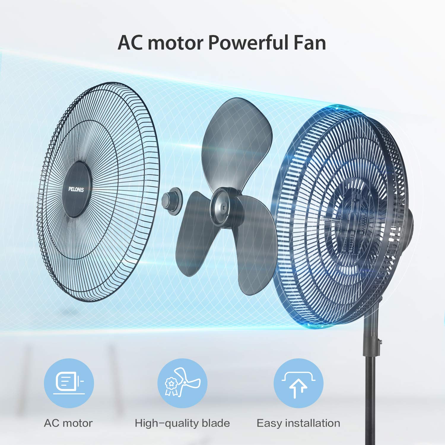 PELONIS PFS40A2ABB 16'' 3-Speed Pedestal, Standing Fan for Home and Office, 85° Oscillation and Adjustable in Height, Black, 16 Inch