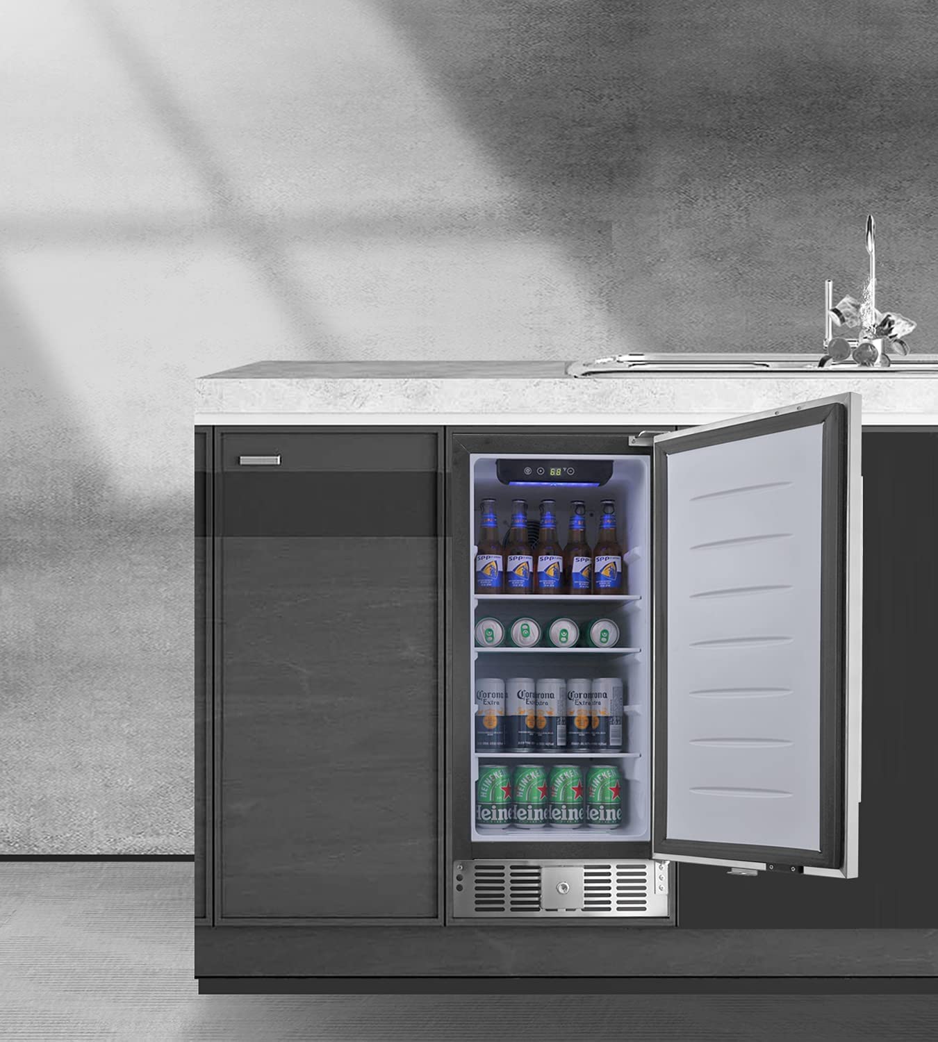 WATOOR 15 Inch Built-in Fridge Stainless Steel Beverage Cooler Under Counter Refrigerator with 36-61°F Temperature Range - Soda and Beer Refrigerator