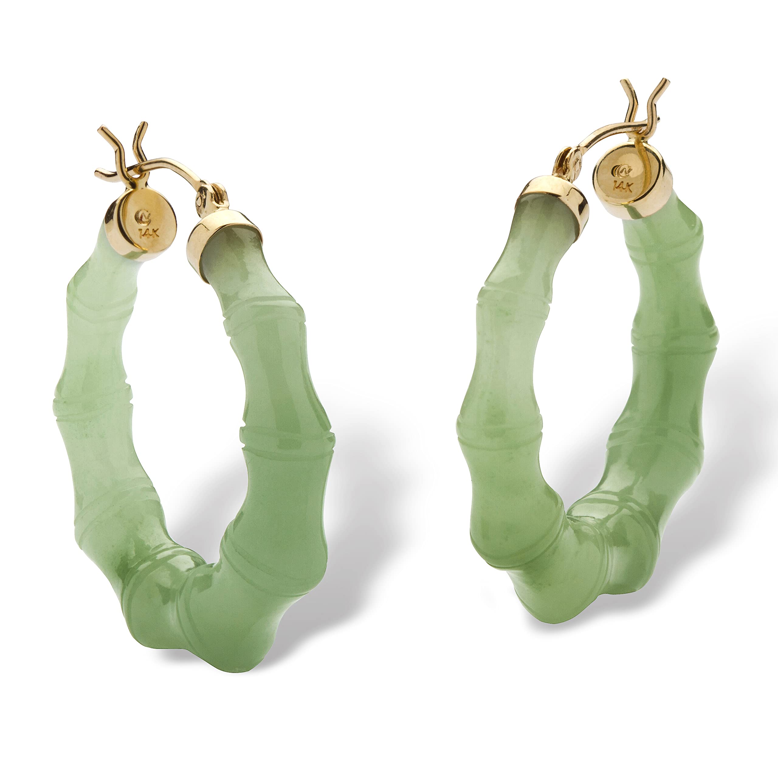 PalmBeach 14K Yellow Gold Round Genuine Green Jade Bamboo Style Hoop Earrings (30mm)