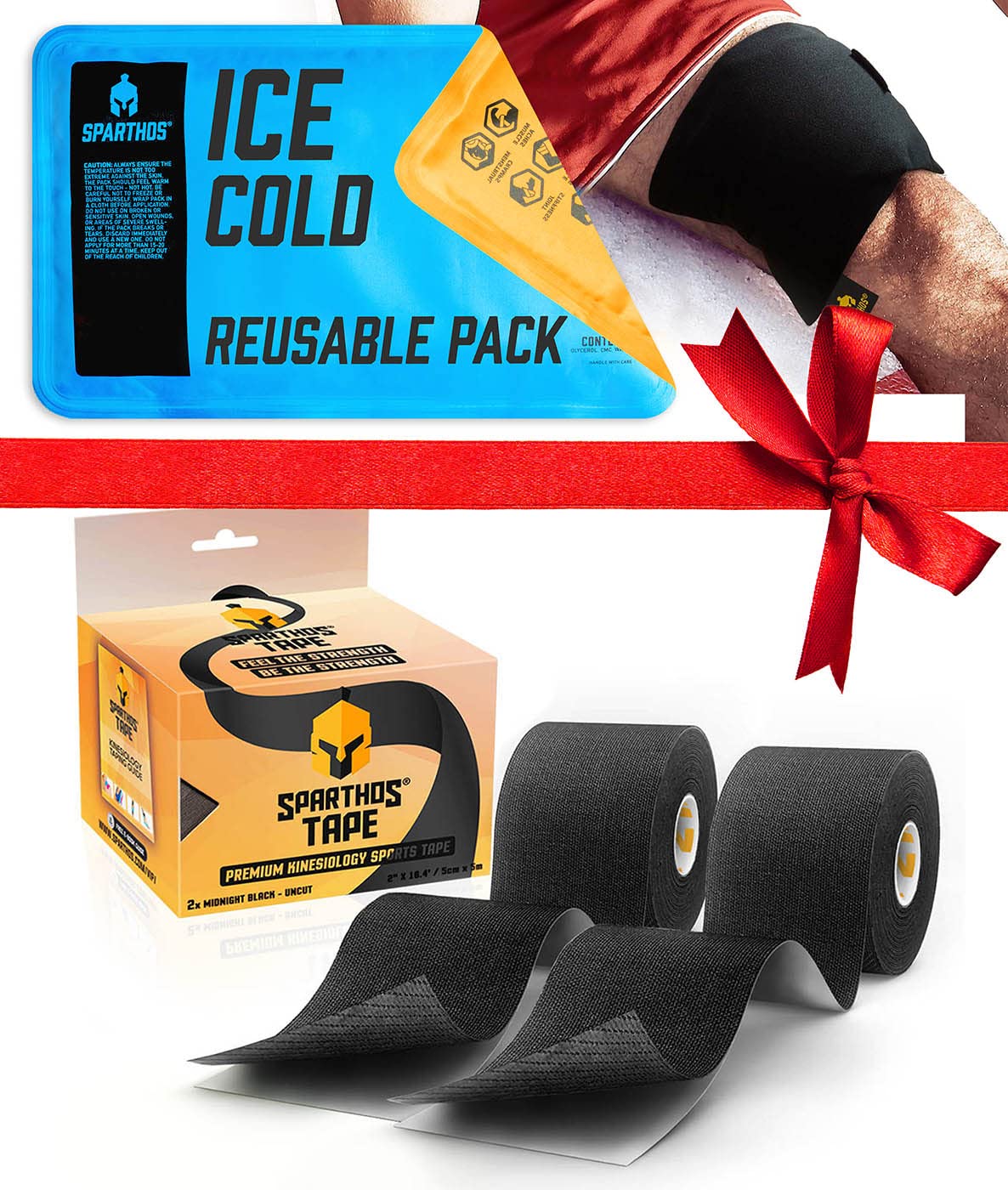 Sparthos Kinesiology Tape [Midnight Black - Pack of 2] + Sparthos Ice Packs for Injuries [Size Medium + Cover]