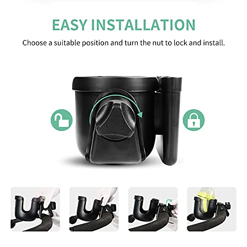 Queta 2-in-1 Universal Bottle & Phone Stroller Cup Holder Phone Holder, 360 Degree Rotation Adjustable Cup Holder for Wheelchair, Walker, Rollator etc