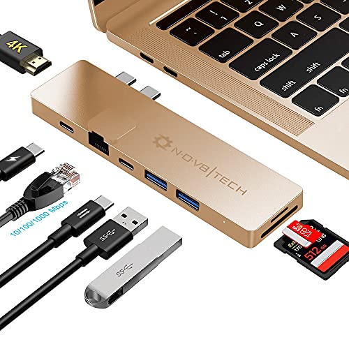 NOV8Tech USB C Hub Adapter for MacBook Air M1 Gold 2022/2021-2018, Mac Air USB Thunderbolt 3 Multiport Adapters with 4K HDMI, Gigabit Ethernet, TB3 100W PD, SD 4.0 UHS-II & MicroSD Reader, 2X USB 3.0