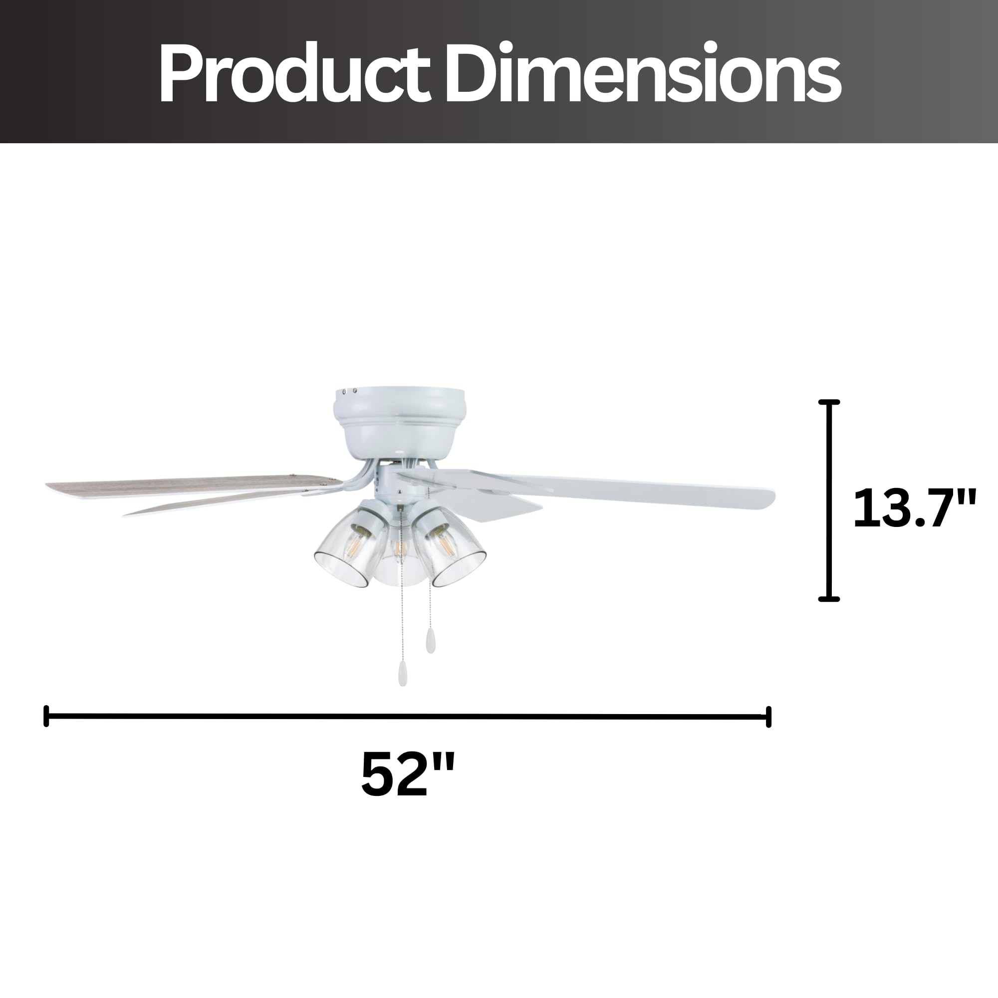 Portage Bay Ceiling 52" Renton White Indoor Fan with Clear 3 Light LED Multi Arm E26/B11 Bulb and Pull-Chains, Traditional Style, 5 Reversible Gray Oak Blades, 51441, 52 Inch