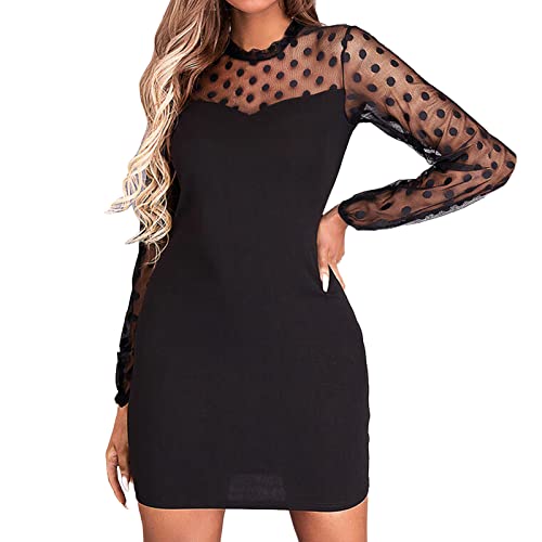 Women's Crewneck Mini Dress Polka Dot Mesh Long Sleeve Solid Color Zipper Stretch Dress