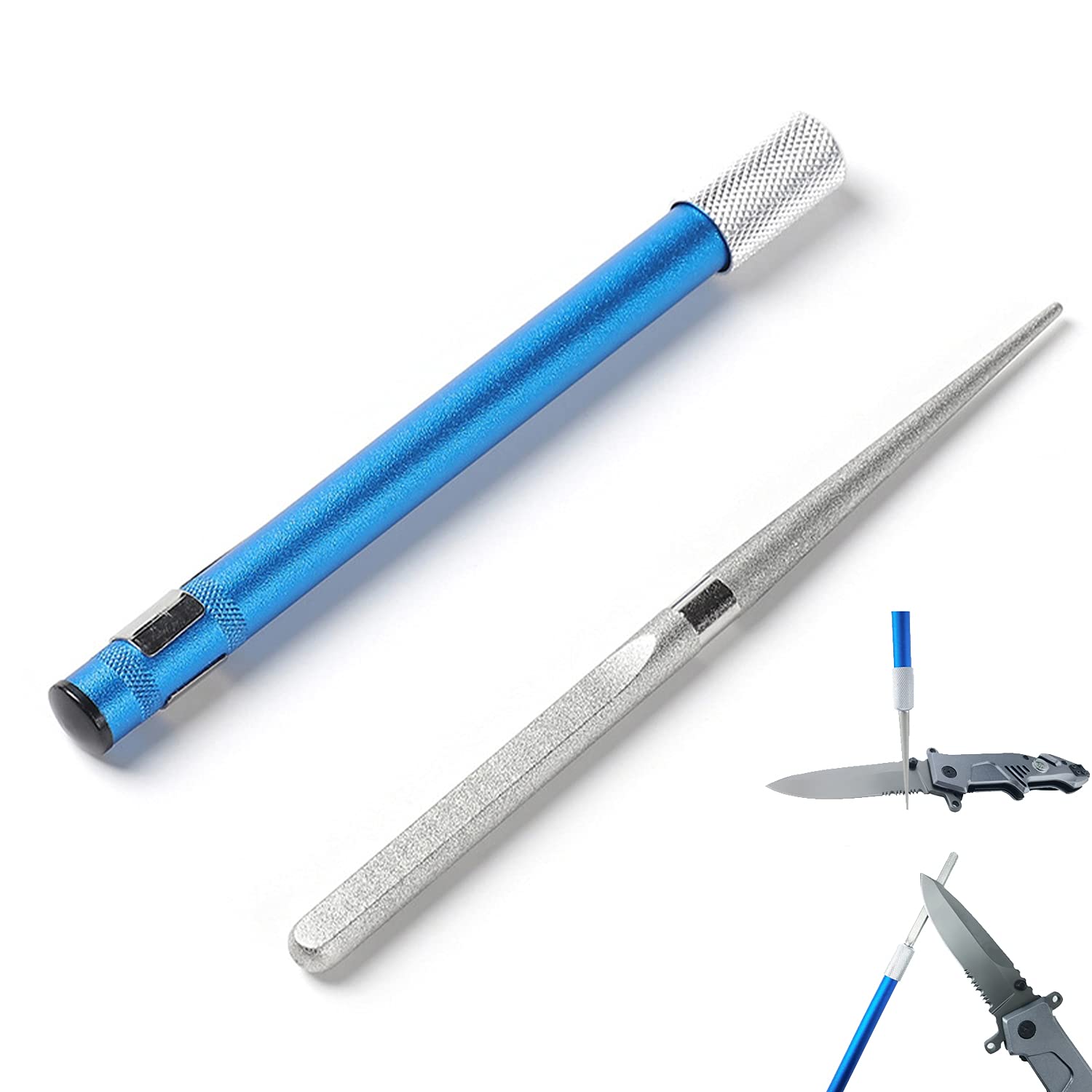 Serrated Knife Sharpener mini, Retractable Diamond Knife Sharpener, Outdoor Knife Sharpener Sharpens all Gardening Tools. Multi-use Hunting/Camping/Fishing and Kitchen Blue