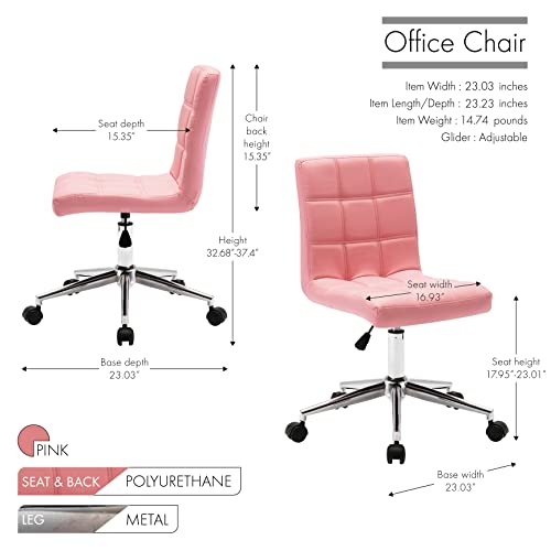 Porthos Home Finch Task Chair with Adjustable Height and 360̊ Swivel in Tufted Upholstery (Armless Design Suitable for Home Studios and Small Offices), One Size, Pink