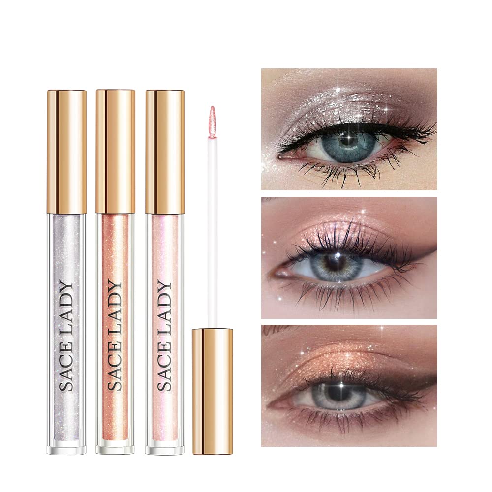 SACE LADY Face Pressed Setting Powder and 3 Colors Liquid Glitter Eyeshadow Makeup Set, Smooth Lasting Lightweight Make Up Kit 4Pcs