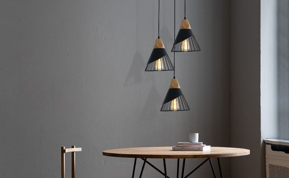Mxsaoud Modern Black Pendant Light Over Kitchen Island, Adjustable Wood Hanging Light Fixture,Industrial Pendant Lighting for Dining Room,Living Room,Bedroom,Hallway,kitchen,Bar