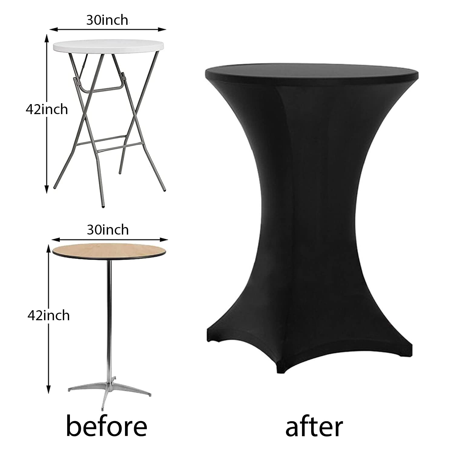 Tina's 4 Pack 30x42 Inch Highboy Spandex Cocktail Table Covers Black, Cocktail Table Spandex Covers, Fitted Stretch Cocktail Table Tablecloth for Round Tables (4PC 30X42 Black)