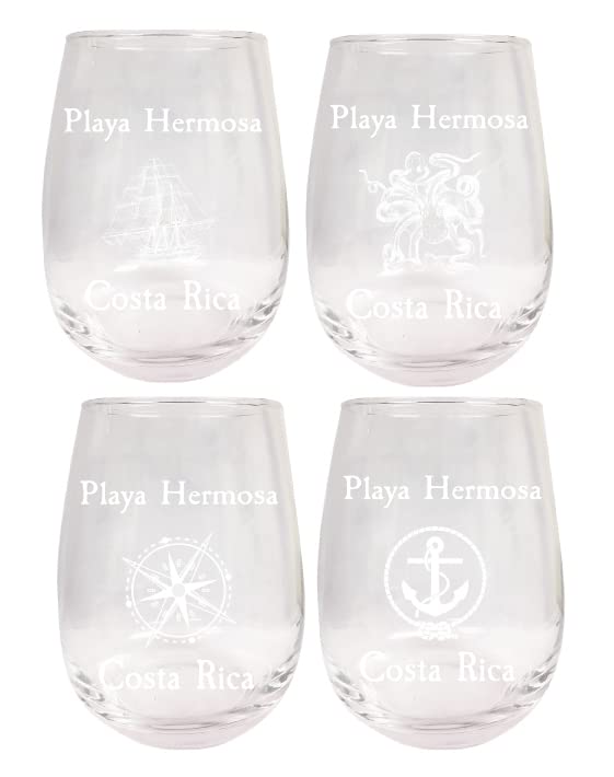 R and R Imports Playa Hermosa Costa Rica Souvenir 9 Ounce Laser Engraved Stemless Wine Glass Nautical Designs 4-Pack