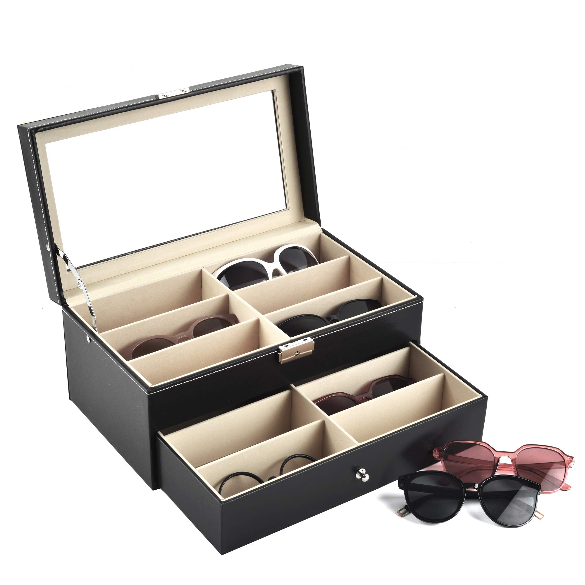Siveit 12 Grids Sunglass Organizer Leather Eyeglasses Collector Double-Layer Eyewear Display Case Lockable Storage Box, Black