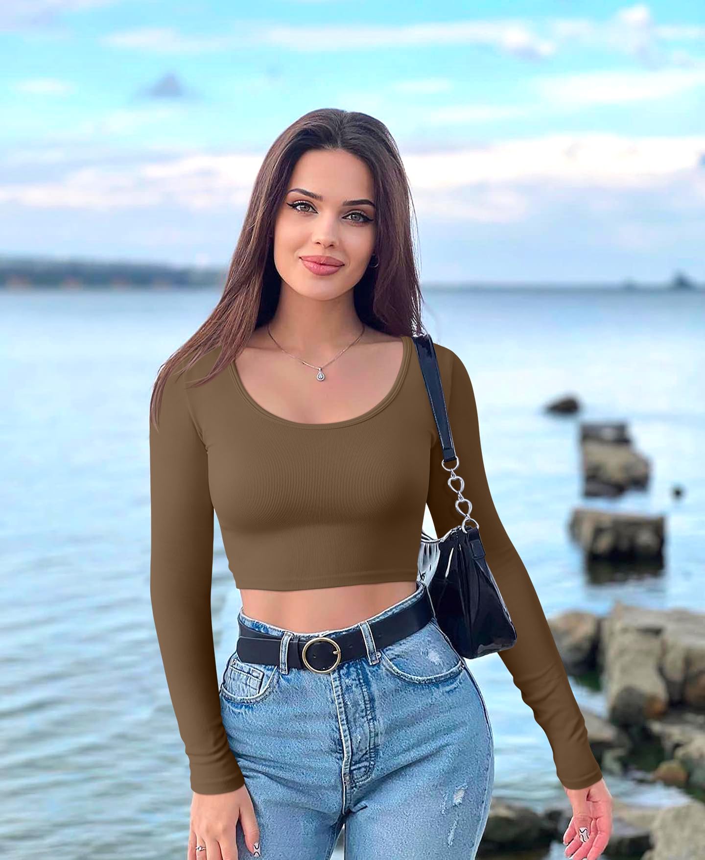 OQQ Women's 3 Piece Crop Tops Long Sleeve Round Neck Stretch Fitted Underscrubs Shirts Crop Tops Black Coffee White