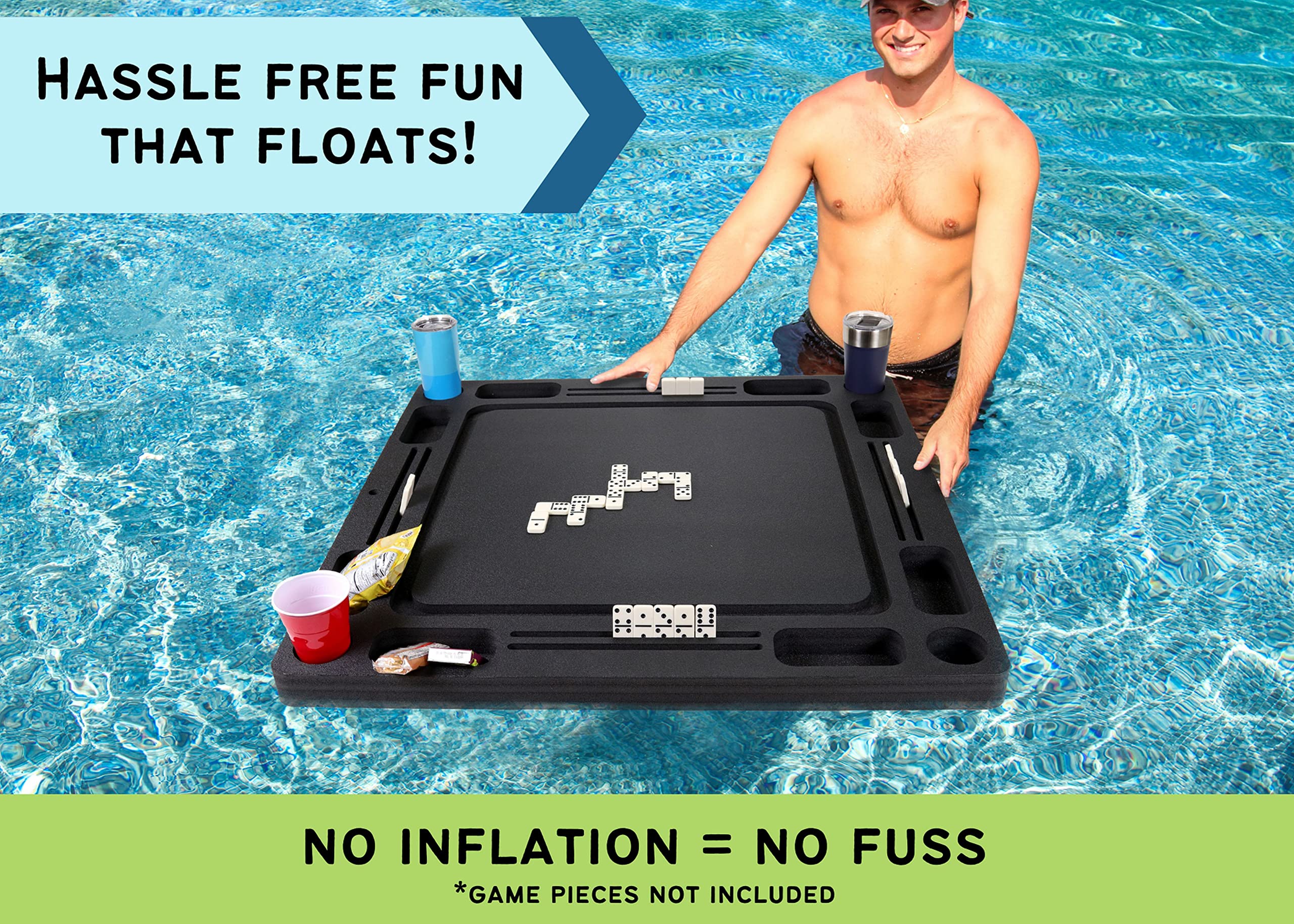 Polar Whale Large Floating Dominoes Table Deluxe Tray for Pool or Beach Party Game Float Lounge Durable Black Foam 3 Feet Wide with Drink Holders and Domino Slots