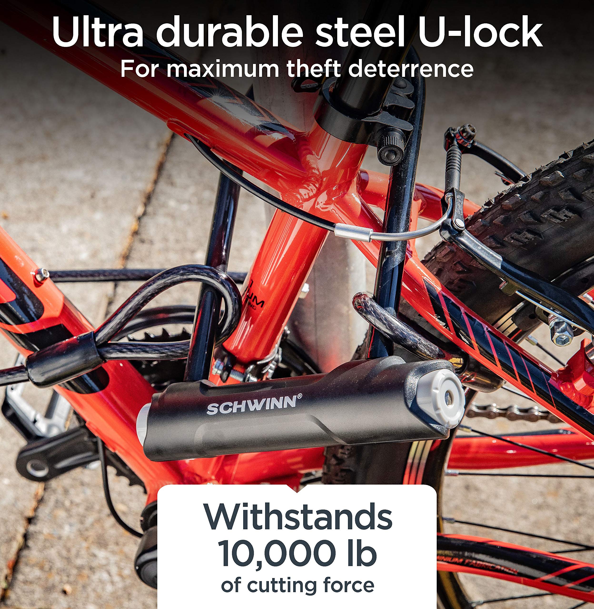 Schwinn Bike Max U-Lock with Double Crimped Cable, 2 Keys Included, 4 feet x 10mm Anti Theft Bicycle Lock, Security Level 5
