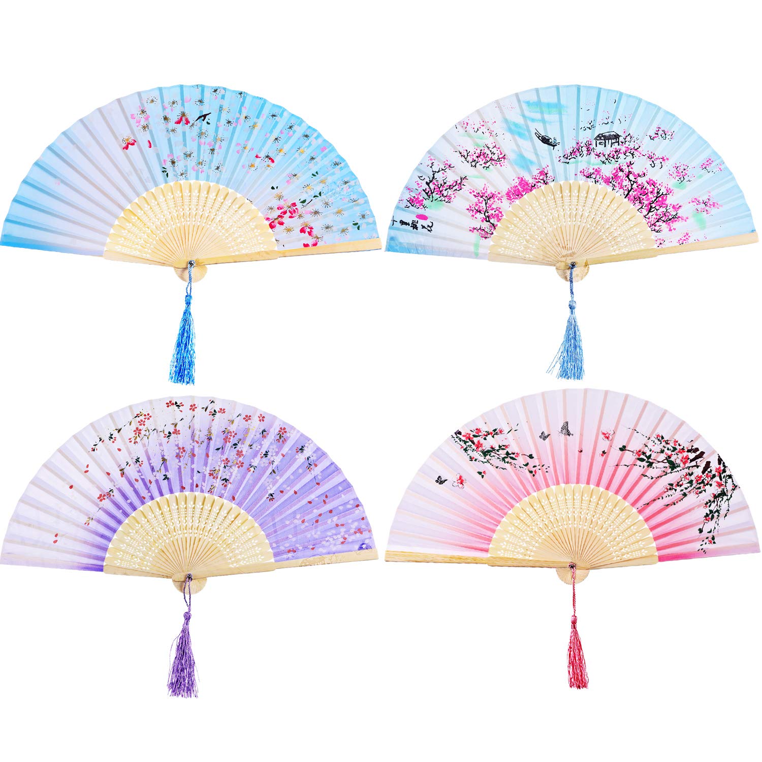 Zonon 4 Pack Handheld Floral Folding Fans Hand Held Fans Silk Bamboo Fans with Tassel Women Hollowed Hand Foldable Fan with Fabric Sleeve for Dancing Wedding Decoration Gifts(Classic)