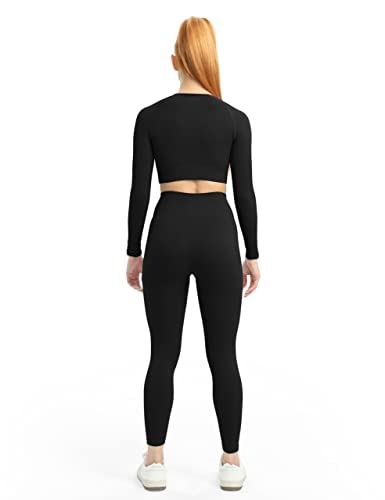 VALANDY Women's Workout Outfits 2 Piece Gym Seamless Yoga Leggings Ribbed Crop Top Long Sleeve Cute Activewear Sets