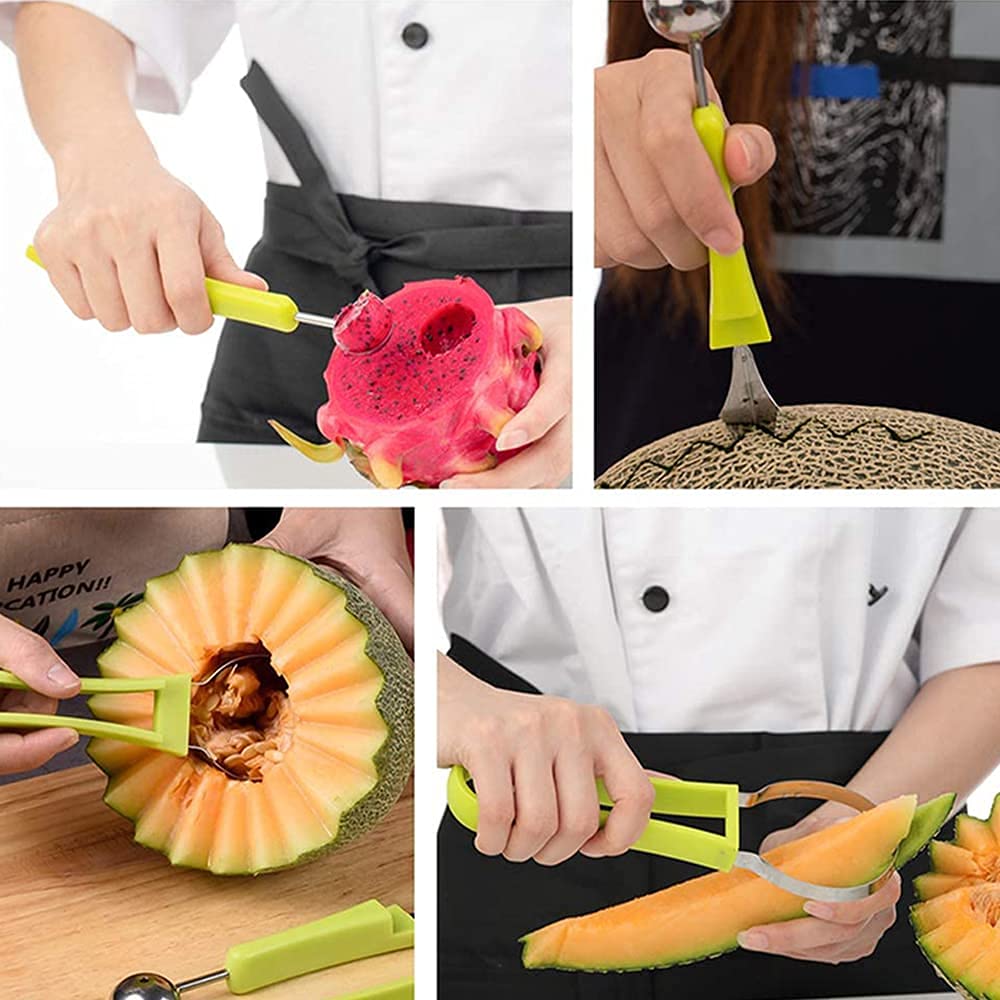 Suuker Melon Baller Scoop Set,4 In 1 fruit cutters shapes for kids, watermelon scooper fruit scooper and baller, Seed Remover Knife and fruit carving tools(Green)