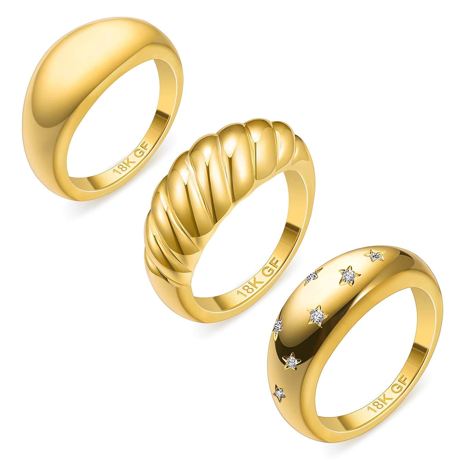 Sewens 3PCS 18k Gold Plated Croissant Braided Twisted Signet Chunky Dome Ring Stacking Band for Women Jewelry Minimalist Statement Ring