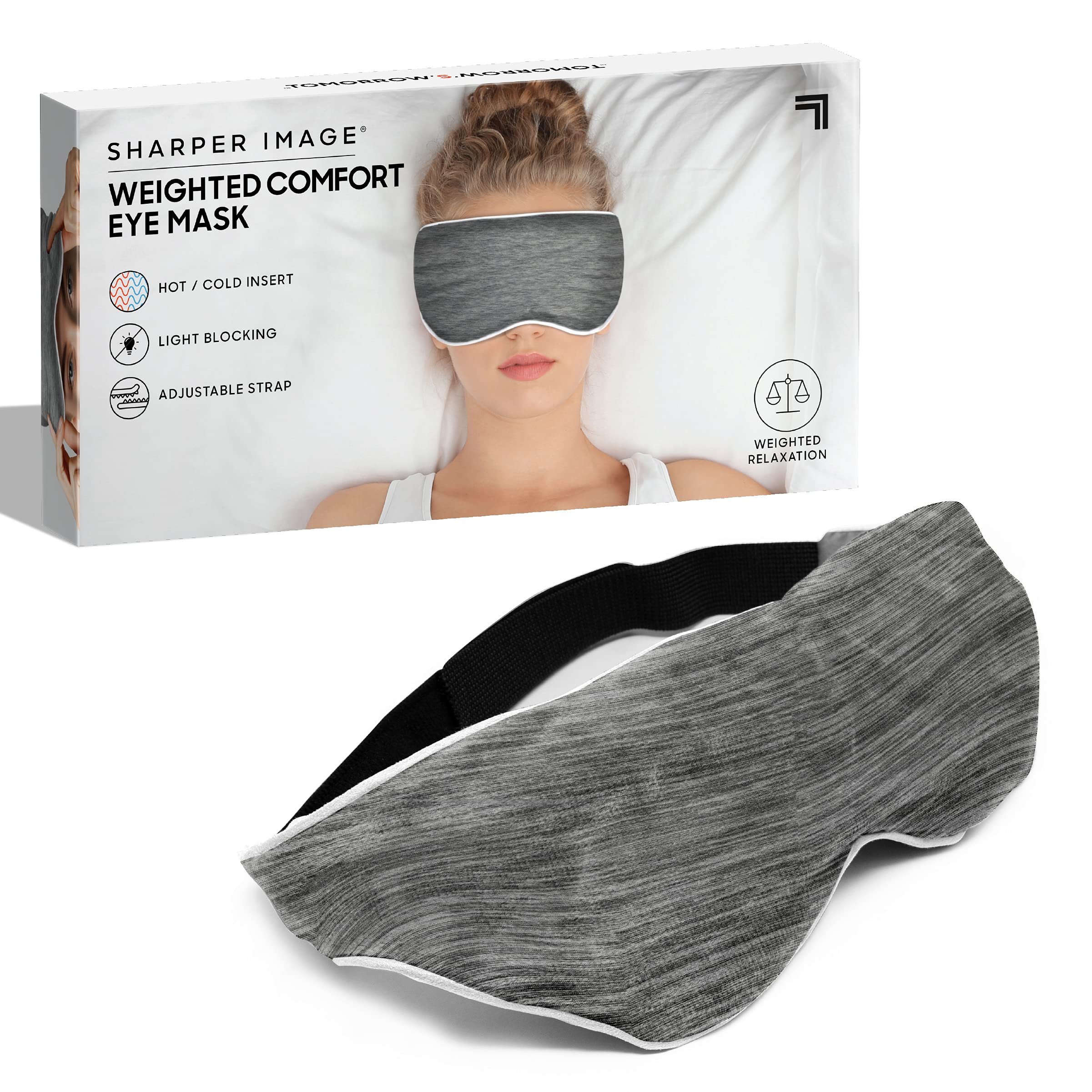 SHARPER IMAGE Weighted Comfort Eye Mask, Hot/Cold Insert, Light Blocking Pain Relief for Headaches Migraine Travel Naps, Adjustable Strap, Super Soft Micro-Plush Fabric