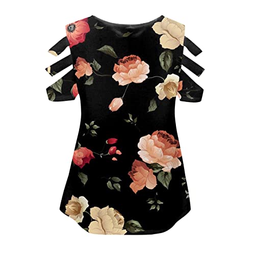 Women's Floral Printed Zip Cut Out Shoulder Short Sleeve T Shirt Top