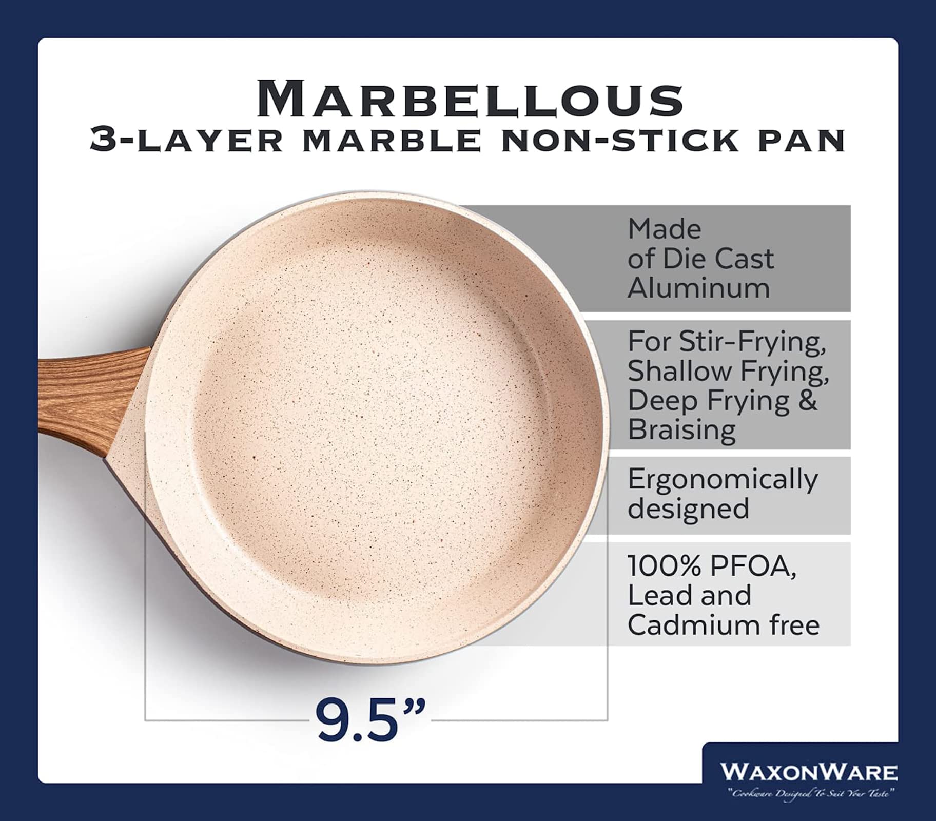 WaxonWare 9.5 Inch Non Stick Skillet & Frying Pan With Induction Bottom & Marbellous (A 100% PFOA Free Coating Made In Germany) - For Stir-Frying, Shallow Frying, Deep Frying & Braising