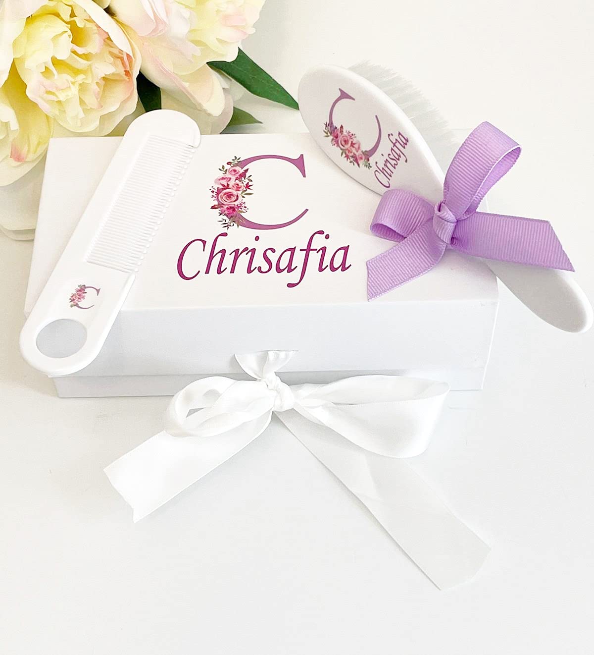 Personalized Baby Gift Girls - Baby Brush and Comb Set, Suitable for Ages 0-3 Years, New Baby Gift - Floral Initial Purple, Baby Gift