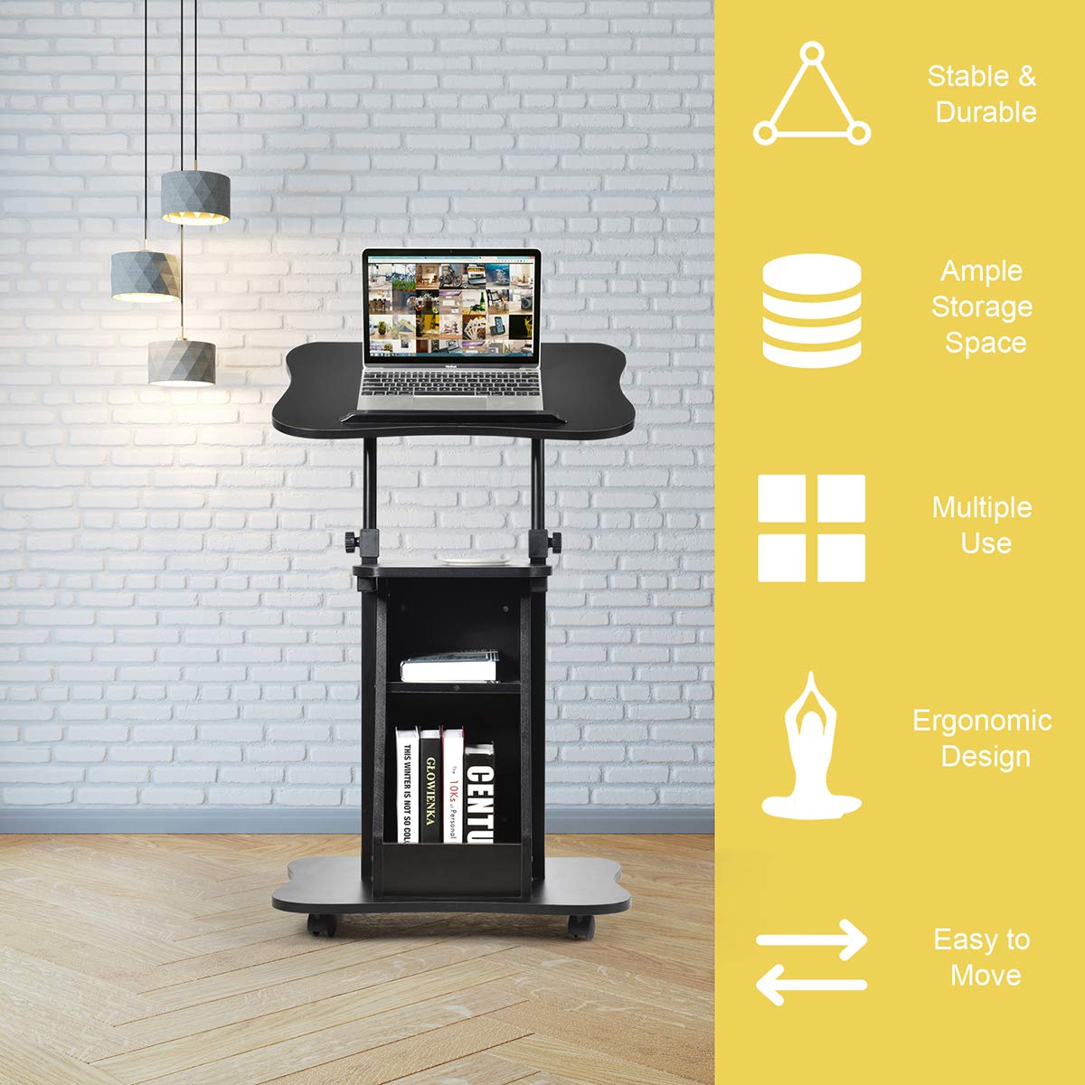 Tangkula Mobile Laptop Podium, Height Adjustable Podium Stand, Standing Desk, Rolling Desk Laptop Cart with Swivel Top & Movable Wheels