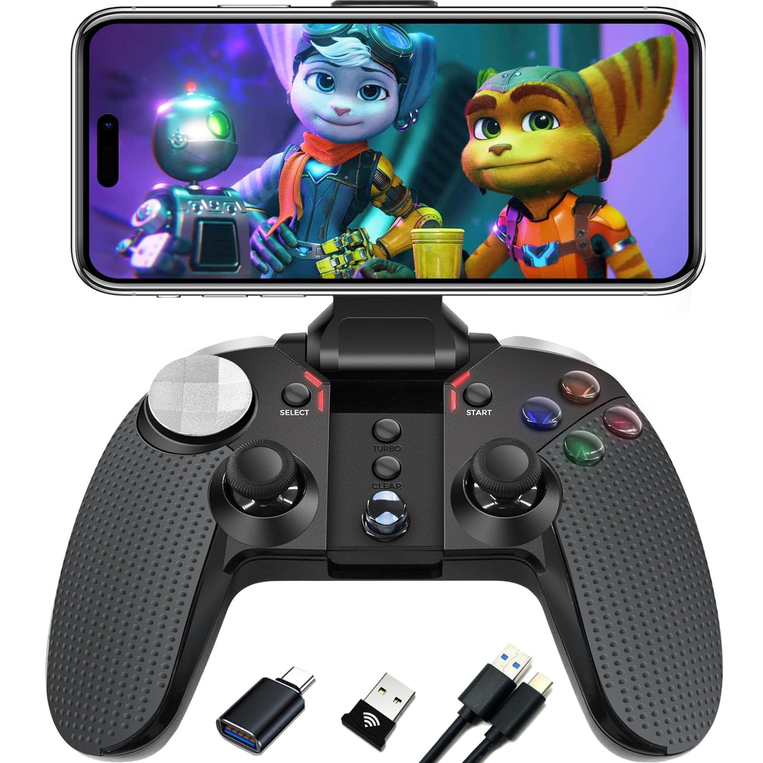 Wuzcon Wireless Controller for iOS, Android, Switch, PC, TV Box, Tesla, Apple Arcade MFi & Cloud Gaming. with Bluetooth/Phone Clip/2.4G Receiver/USB-C Adapter/Turbo/Vibration/6-Axis Gyro/Extra Dpad