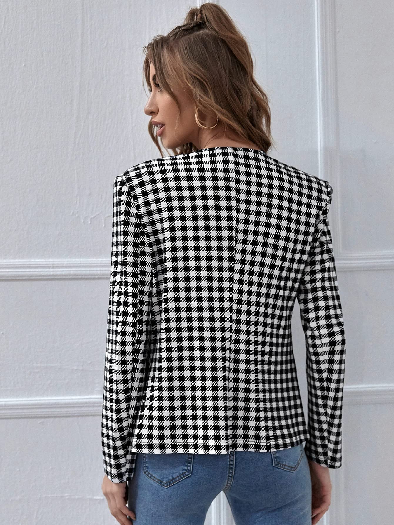 Milumia Women Work Casual Blazer with Pockets Open Front Office Suit Jacket Black and White Large