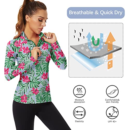 Women's Golf Shirt Long Sleeve 1/4 Zip Pullover Tennis Shirts Running Hiking Outdoor Tops (Print C, XXL)