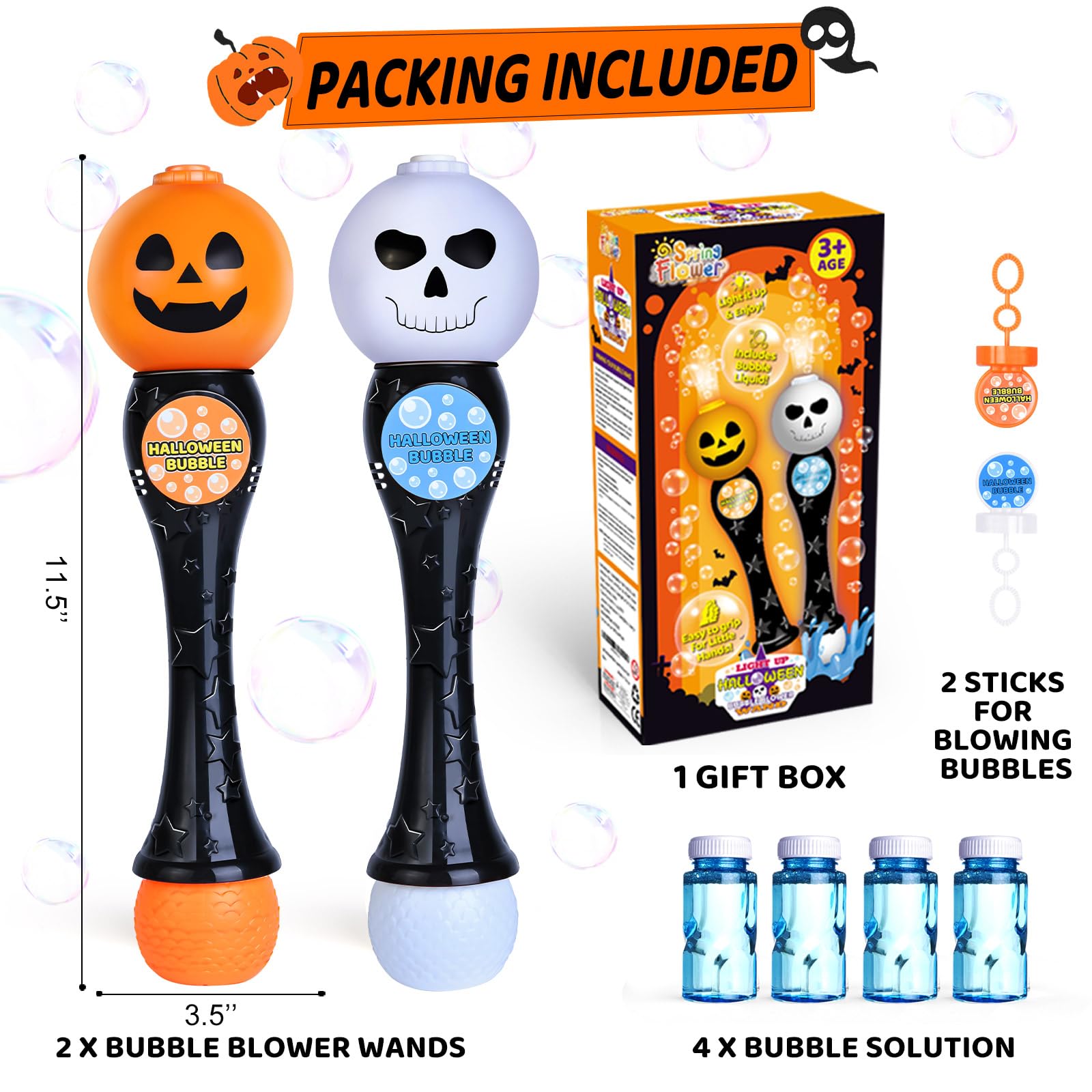 OleFun 2 Pack Halloween Light Up Bubble Blower Wands, Pumpkin & Ghost Glowing Bubble Machine with 4 Bubble Solutions, Ideal Halloween Toys for Kids, Halloween Party Favors, Goodie Bags Stuffers