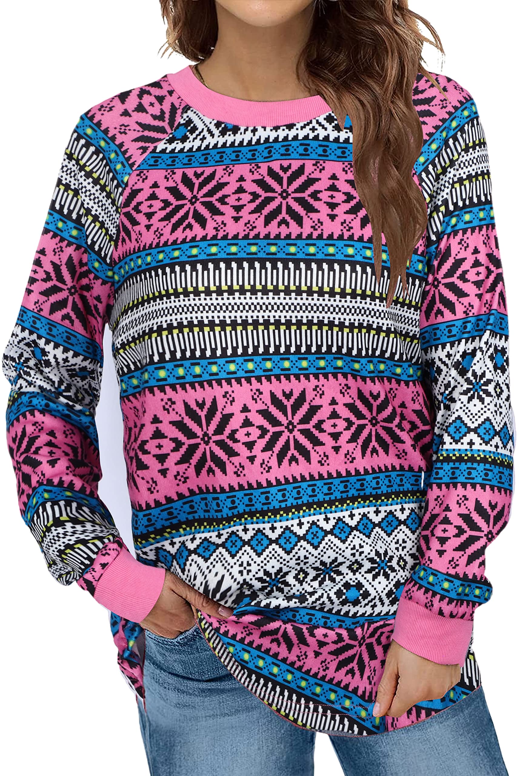 UNIQUEONE Christmas Sweatshirts For Women Xmas Snowflake Shirts Raglan Sleeve Blouse Loose Knitted Pullover Tops Pink