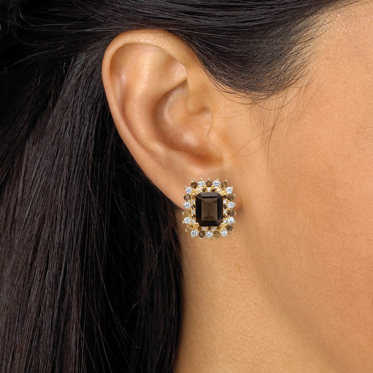 PalmBeach Yellow Gold-plated Emerald Cut Genuine Smoky Topaz Button Earrings (18x16mm)