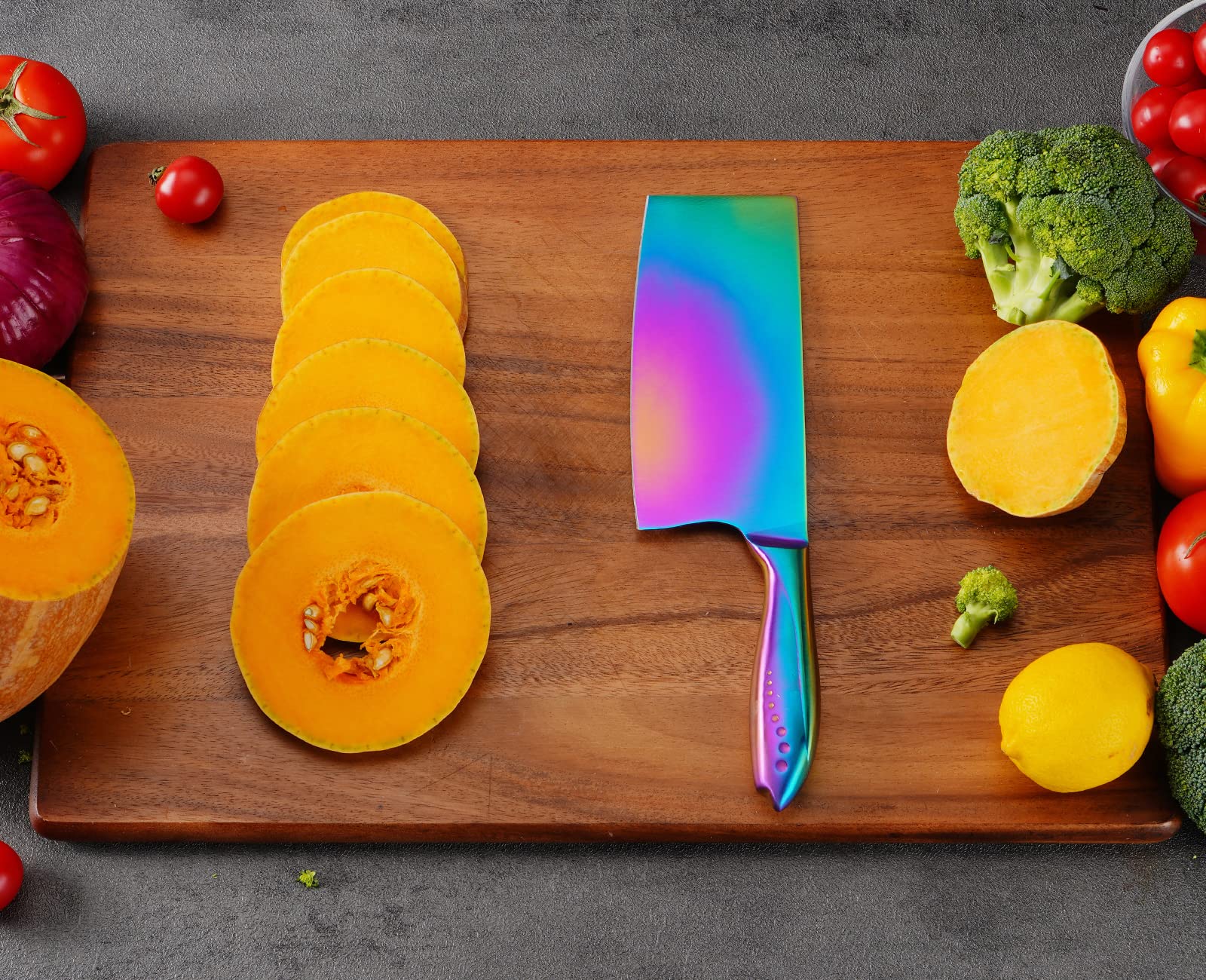 WELLSTAR Rainbow Meat Cleaver, 7 inch Iridescent Chinese Meat Vegetable Butcher Knife, Super Sharp German High Carbon Stainless Steel Chef’s Kitchen Knife with Ergonomic Handle for Home Restaurant