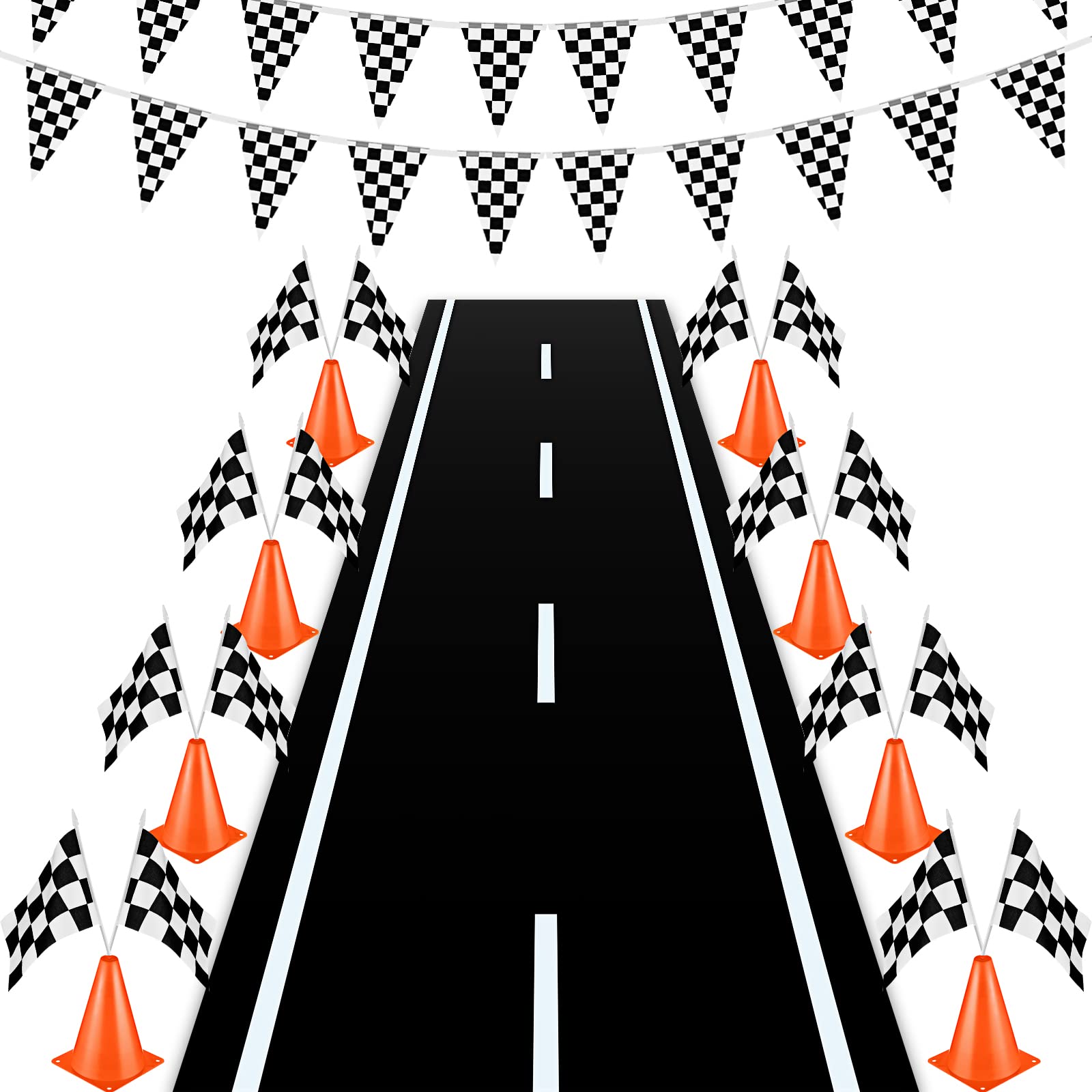 Remagr 22 Pcs Race Car Birthday Party Supplies Include Racetrack Floor Running Mat Checkered Racing Pennant Banner Black and White Flags on Sticks, Mini Orange Sports Safety Cones for Racing Party